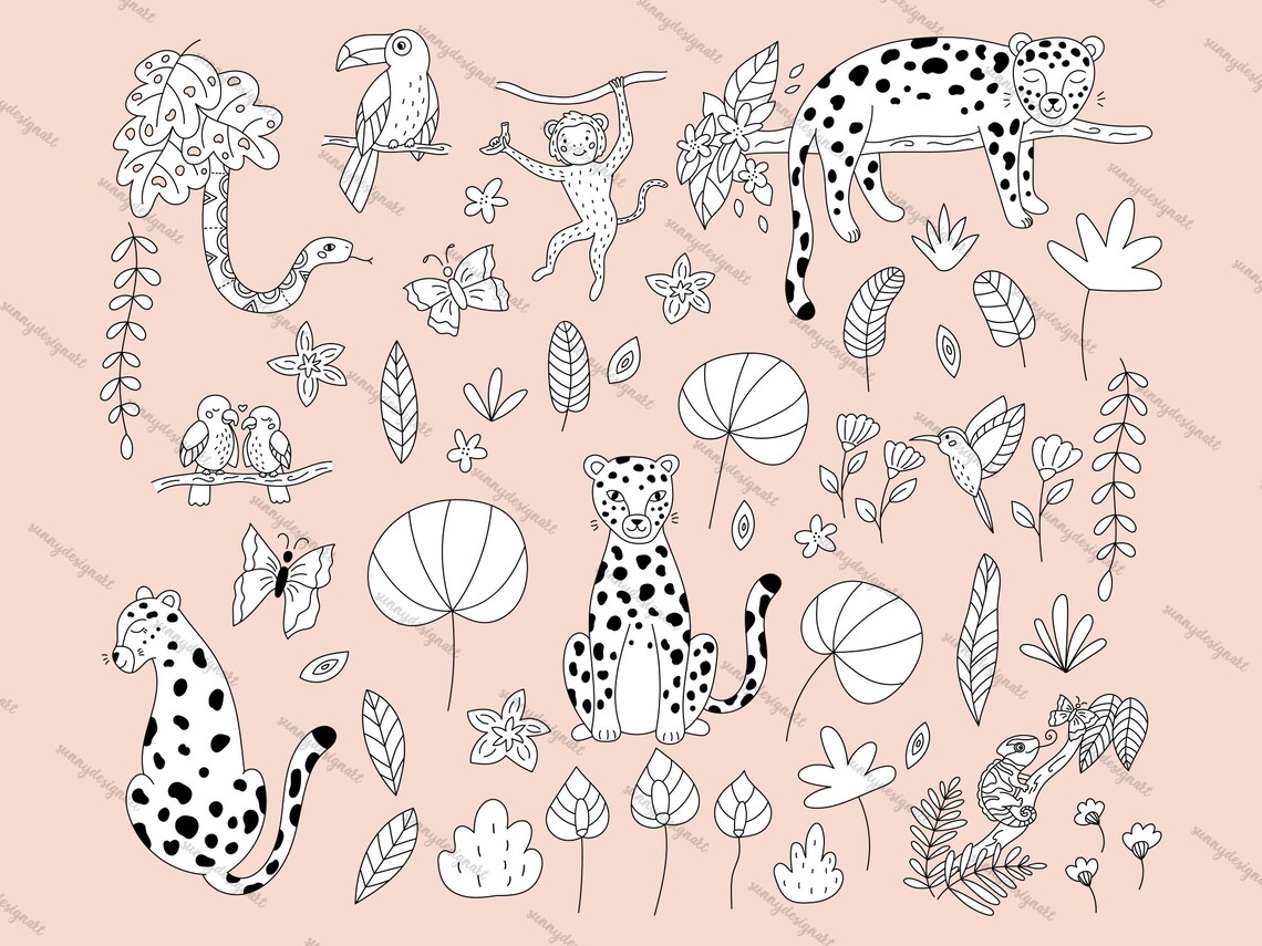 Jungle Animals doodle clipart collection Hand drawn Line Art | Etsy