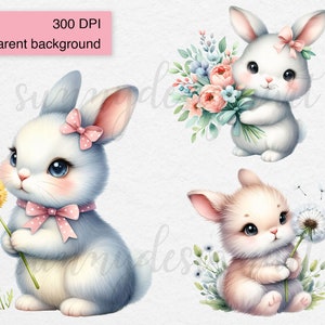 Easter Bunny With Flowers Clipart, White Rabbit, Floral Bouquets ...