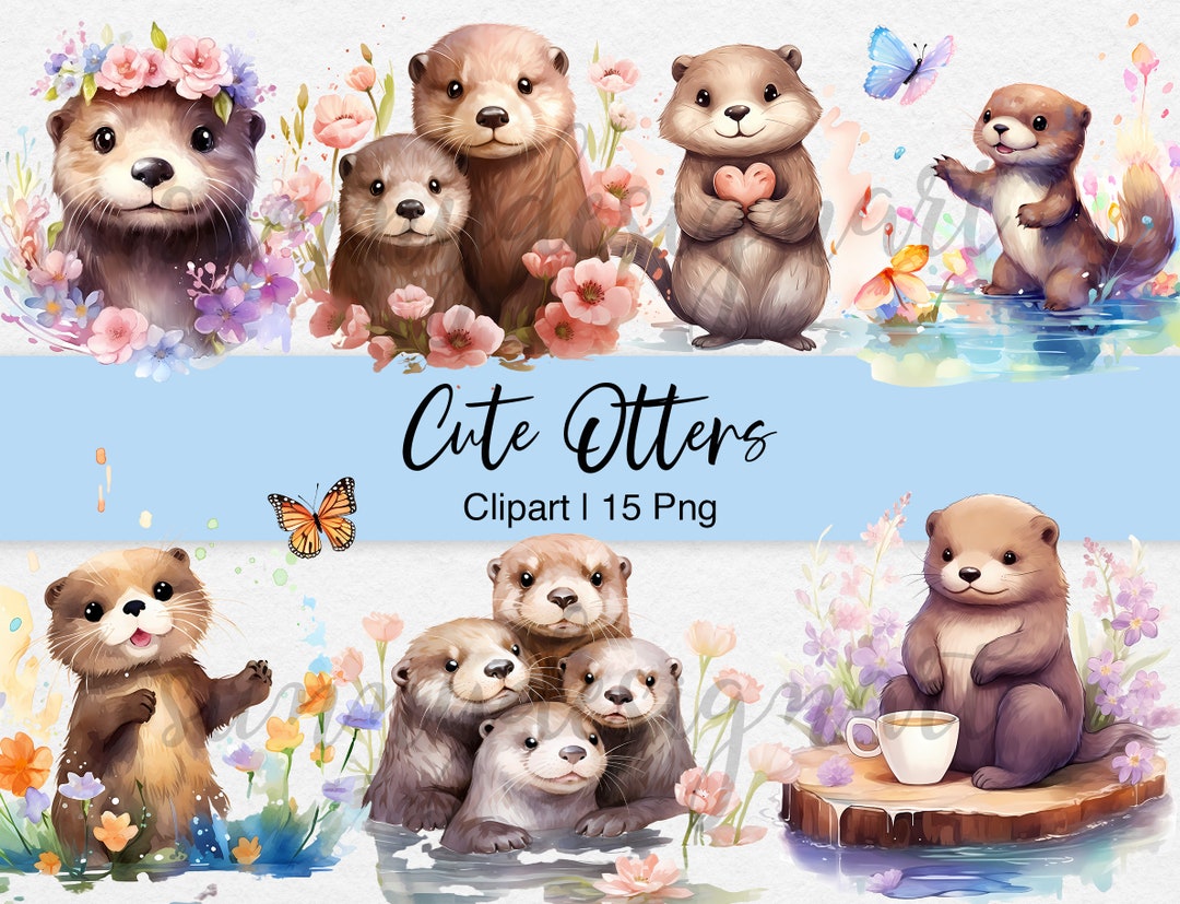 Watercolor Otters Clipart, Family Clipart, Cute Baby Otter Clipart ...