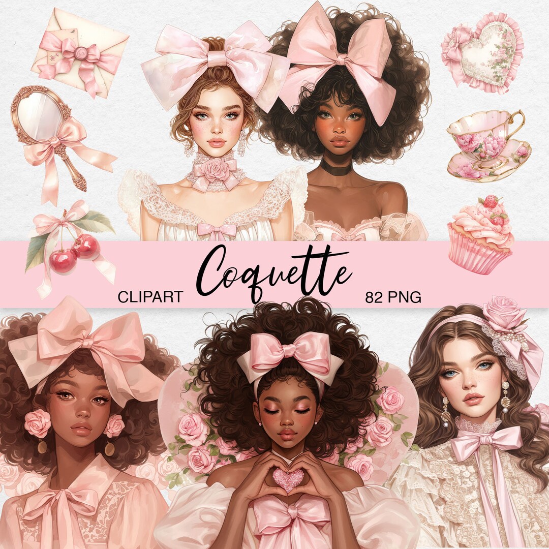 Coquette Watercolor Clipart, Pink Ribbon Bow, Vintage Girl PNG ...