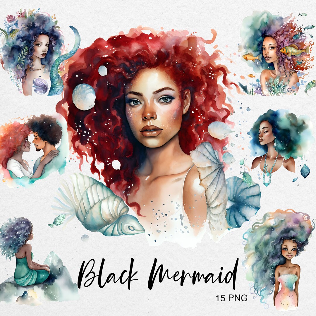 Watercolor Mermaid Clipart: African American Princess PNG (digital ...