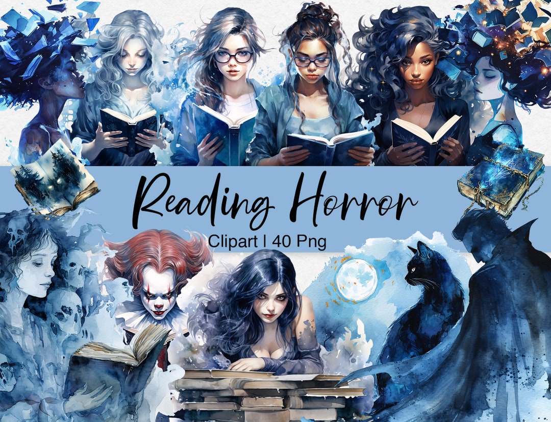Watercolor Halloween Horror Book Clipart: Bookworm Reading (40 PNG ...