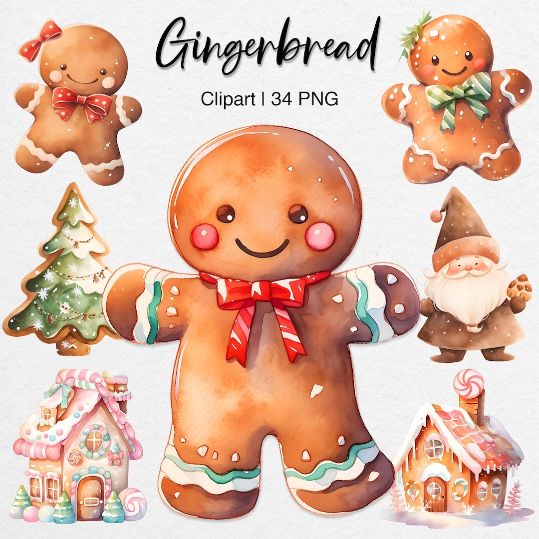 Gingerbread Man Clipart Bundle, Watercolor Christmas, Festive Cookie ...