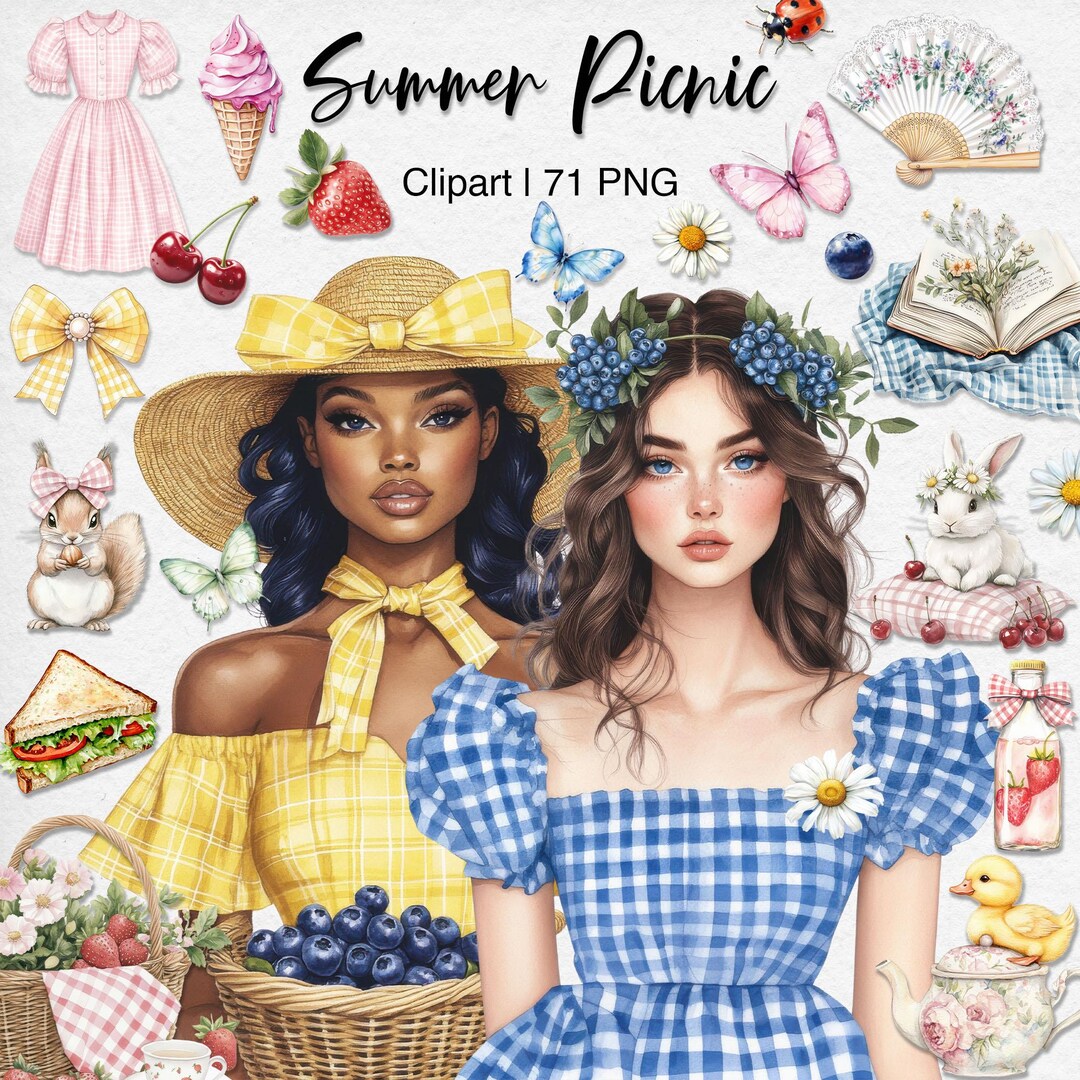 Summer Picnic Clipart Bundle, Watercolor Girls, Strawberries, Gingham ...