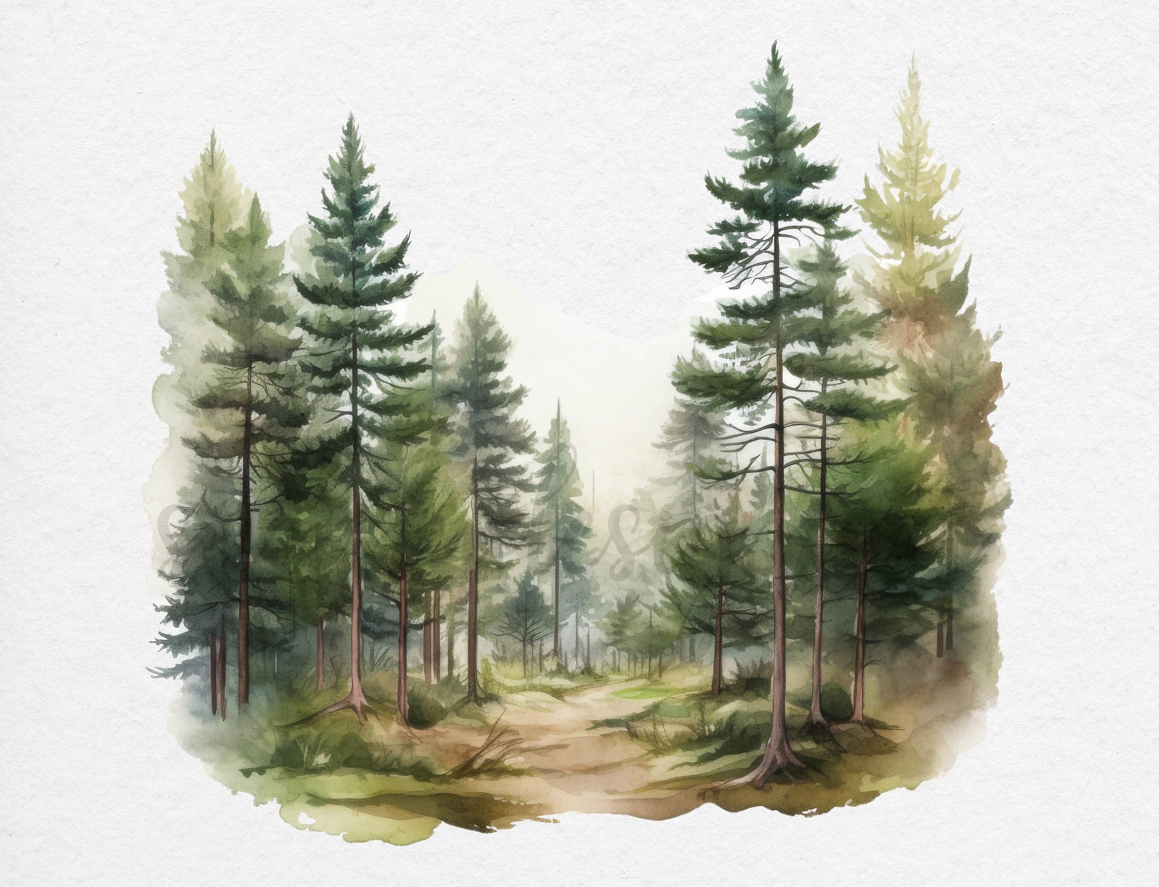 Forest Landscape Clipart, Watercolor Pine Tree PNG, Woodland Background ...