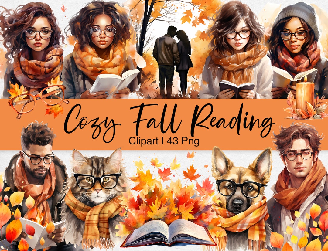 Cozy Fall Reading Clipart: Watercolor Autumn Bookworm (PNG) - Etsy