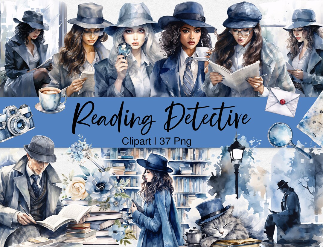Watercolor Reading Detective Clipart: Book Lover PNG Bundle (37 Images ...