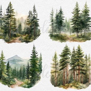 Forest Landscape Clipart, Watercolor Pine Tree PNG, Woodland Background ...