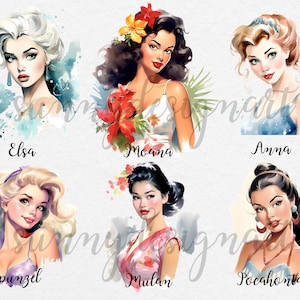 Pin up Princess Clipart, Vintage Clipart, Retro Watercolor Clipart, Pin ...