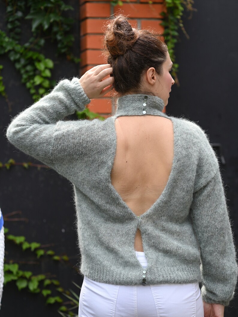 Alpaca Open Back Sweater With Button Turtleneck Sweater Handknitted ...