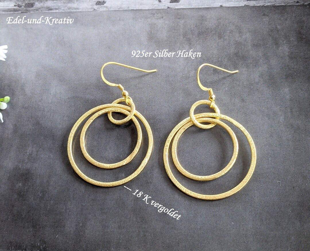 Gold Earrings, 925 Gold Ear Hooks, Matte Gold Rings, Double Circles ...