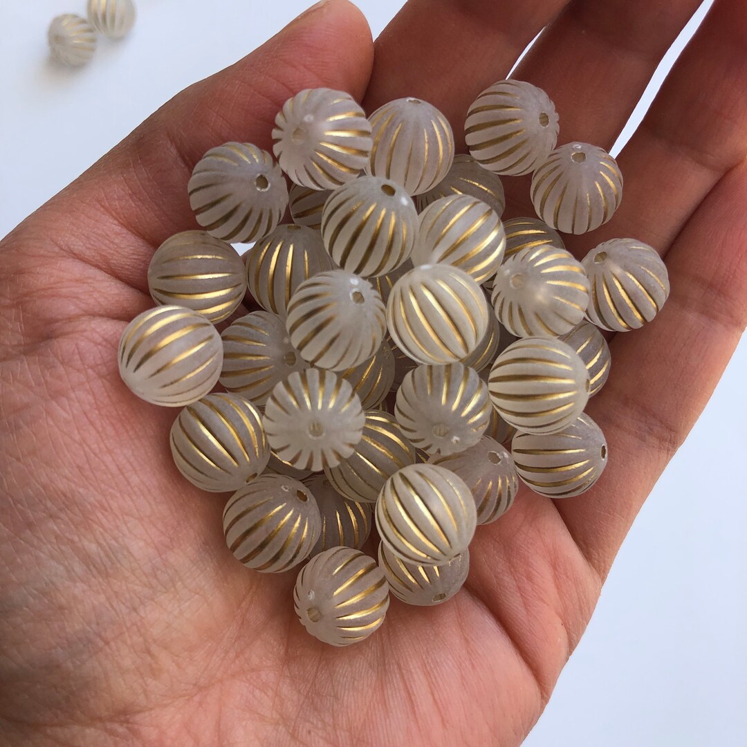 12mm Round Frosted Bead, Clear Gold Stripe Beads, White Corrugated ...