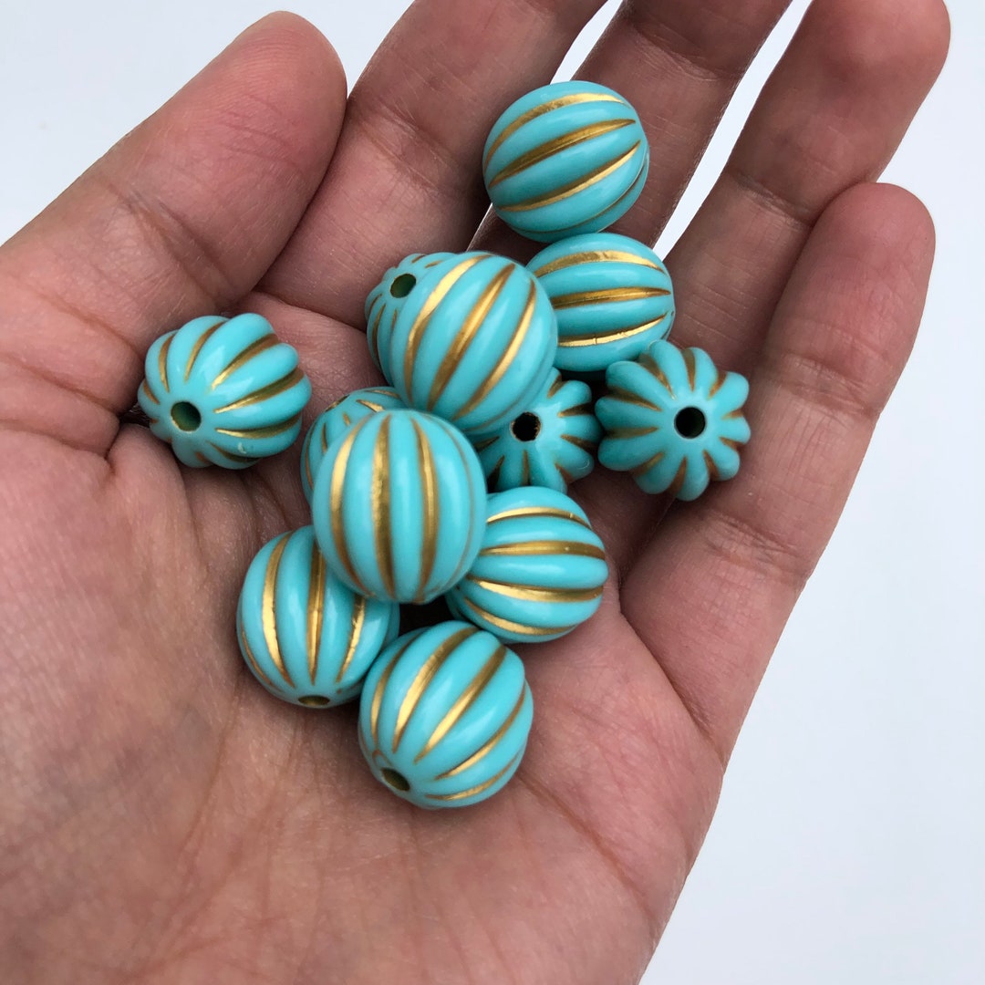 10pcs Aqua Blue Resin Beads 17x16mm Round Striped Gold Enlaced ...