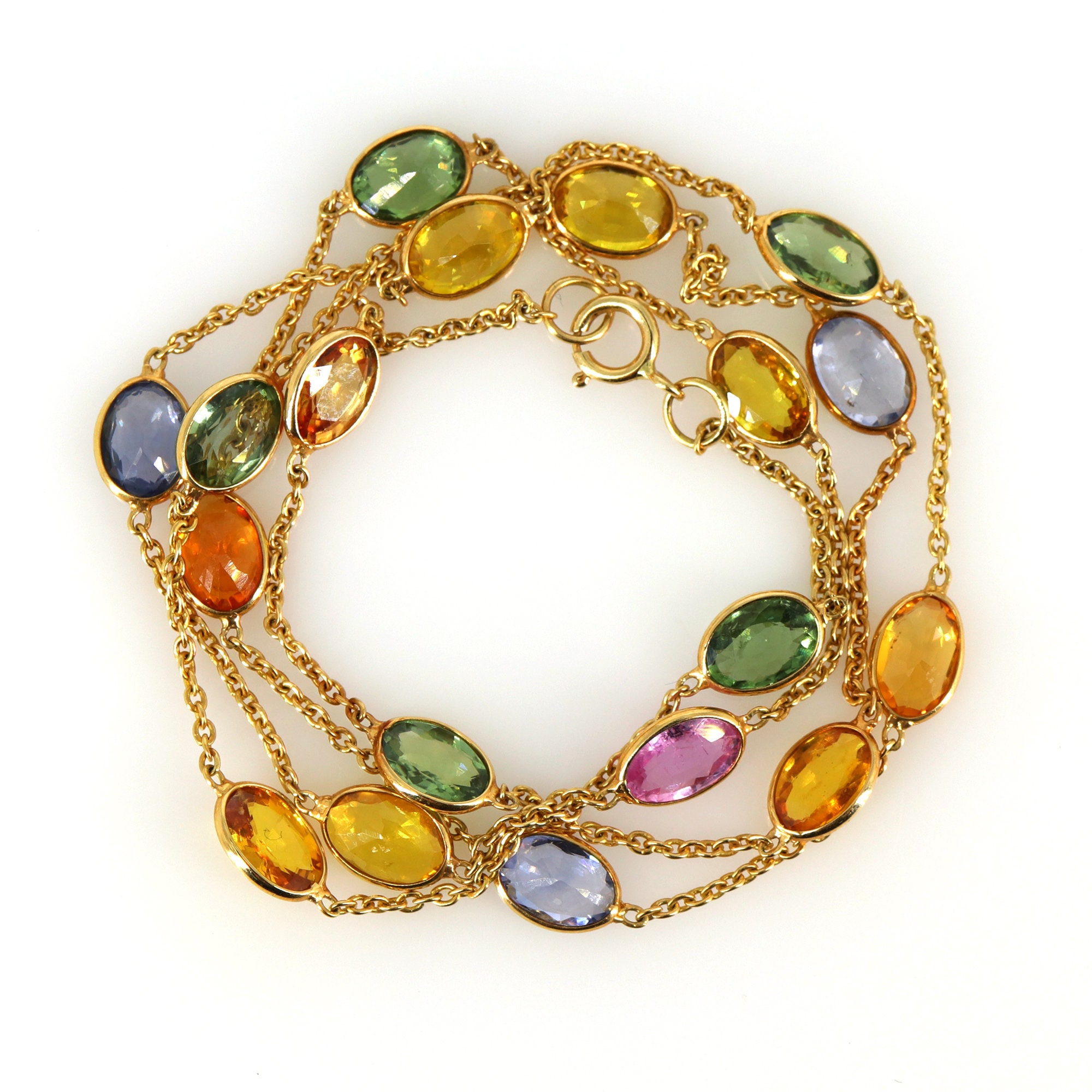 18k Solid Gold Chain Necklace - Faceted Multi Sapphire Stone Gold ...