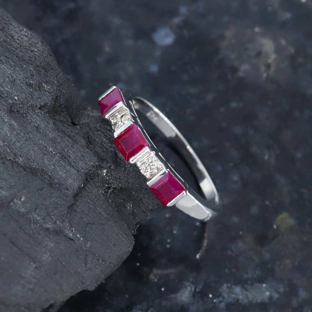Square Cut Natural Ruby and Diamond Ring, Minimalist Diamond Ring ...