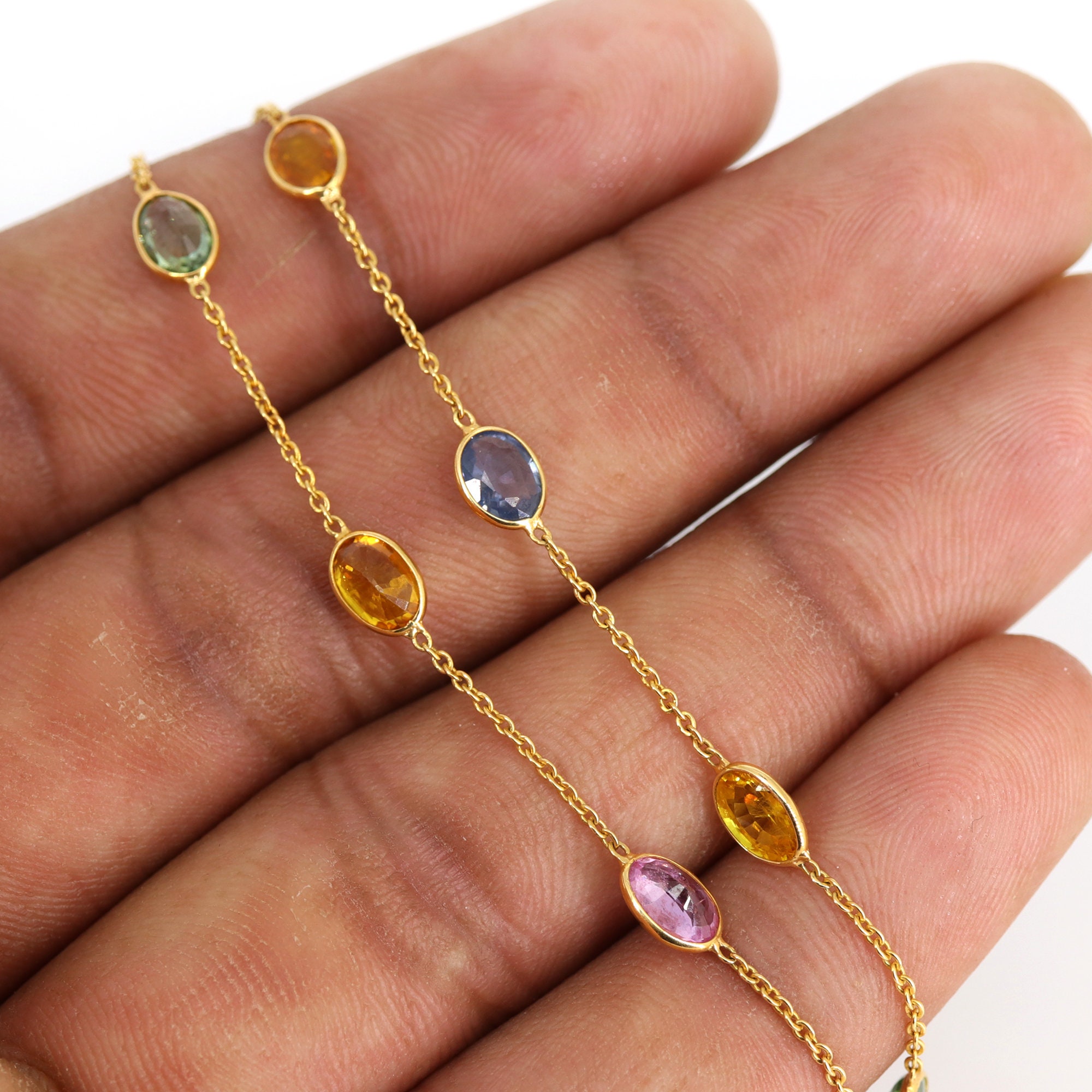 18k Solid Gold Chain Necklace - Faceted Multi Sapphire Stone Gold ...