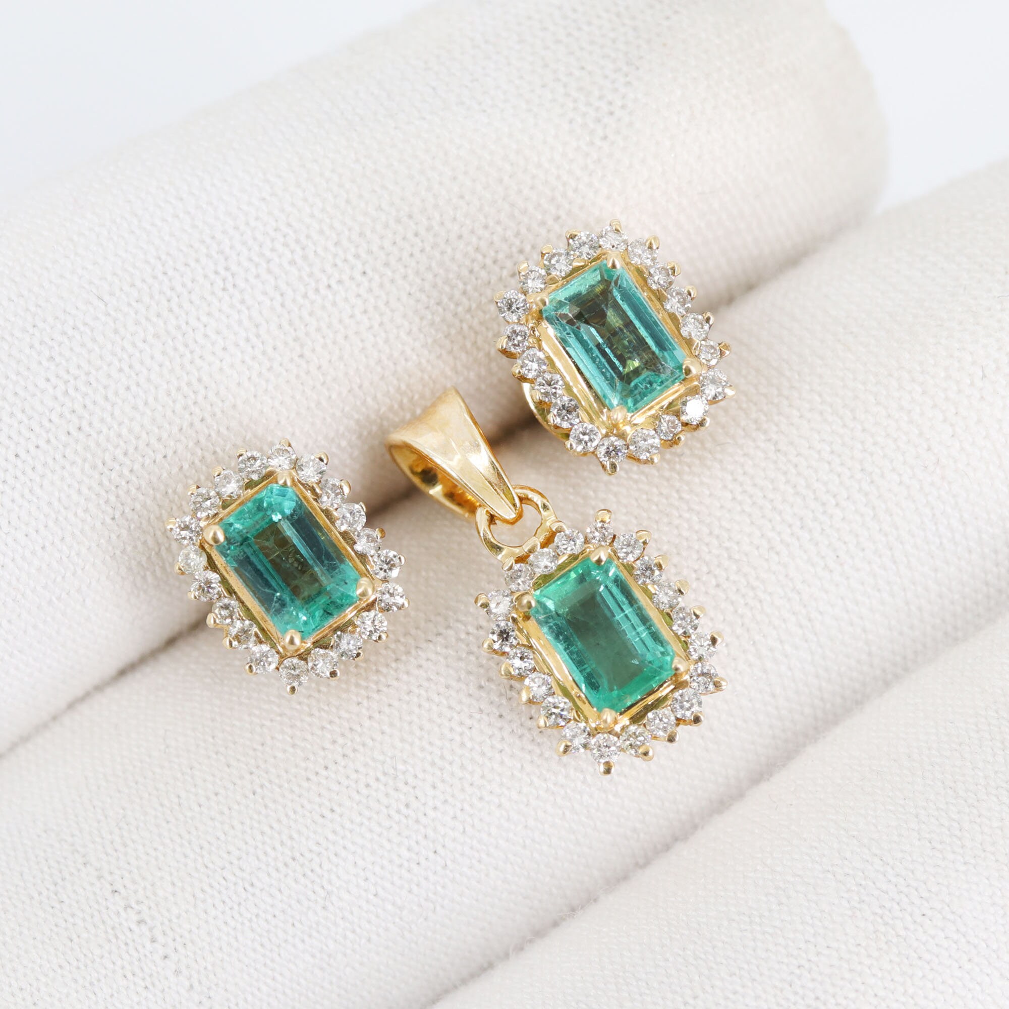 14k Solid Yellow Gold Jewelry Set for Women, Natural Diamond Emerald ...