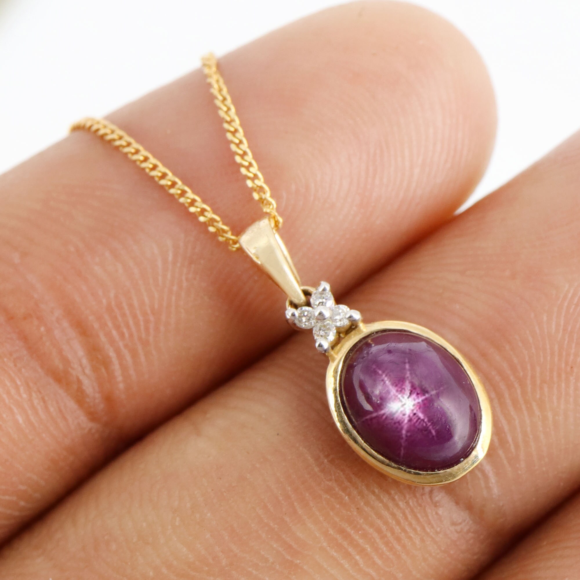 Star Ruby With Natural Diamond Pendant, 14K Gold Handmade Star Ruby ...