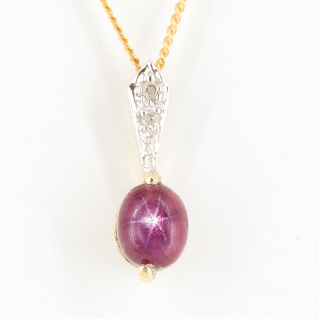 Star Ruby With Natural Diamond Pendant, 14K Gold Handmade Star Ruby ...