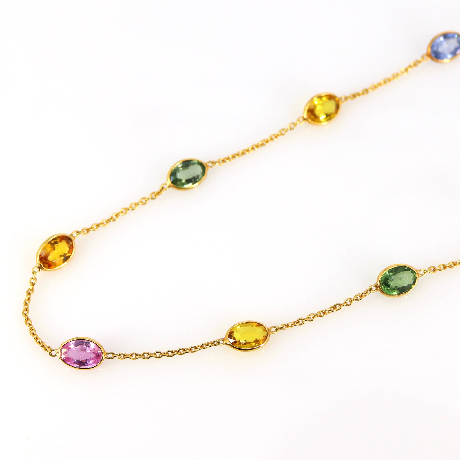 18k Solid Gold Chain Necklace - Faceted Multi Sapphire Stone Gold ...