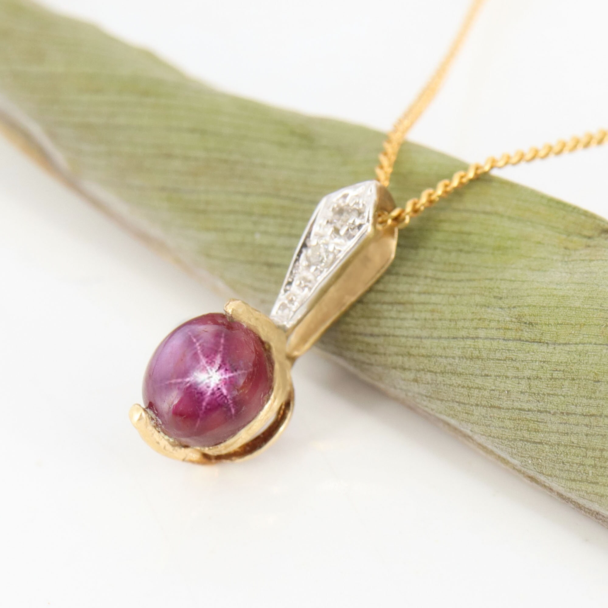 Star Ruby With Natural Diamond Pendant, 14K Gold Handmade Star Ruby ...