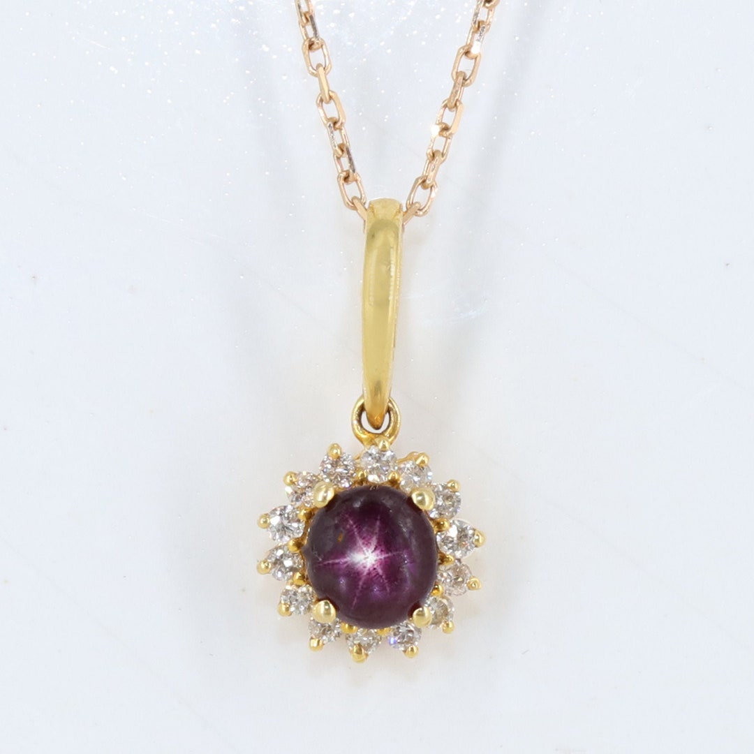 Dainty Star Ruby With Natural Diamond Pendant, 18K Gold Handmade Star ...