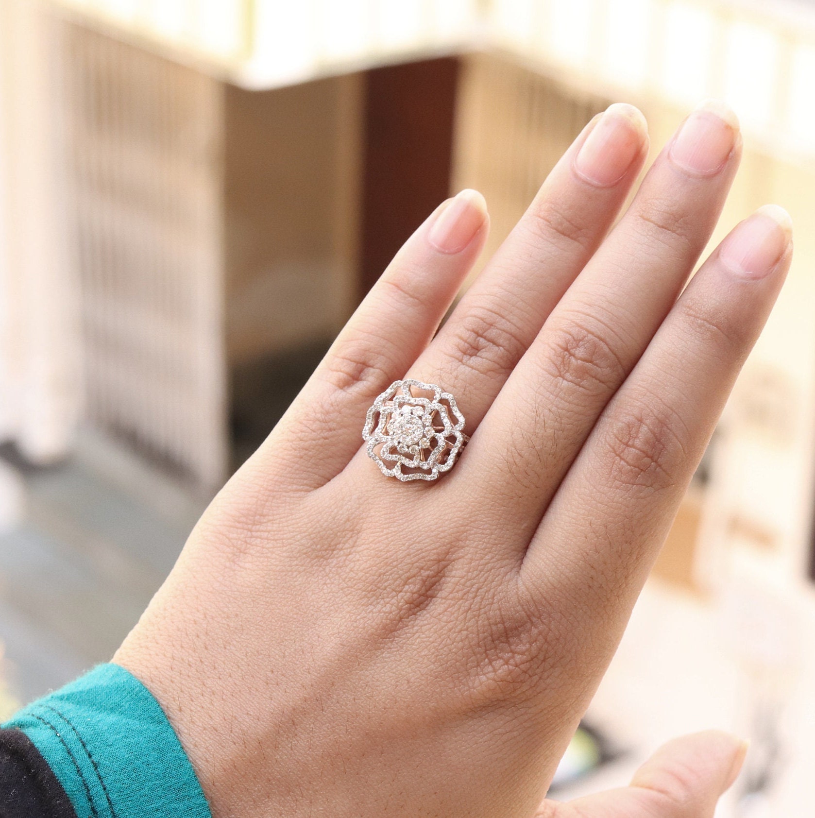 Unique Lotus Flower Style Engagement Ring Unique Handmade 14K | Etsy