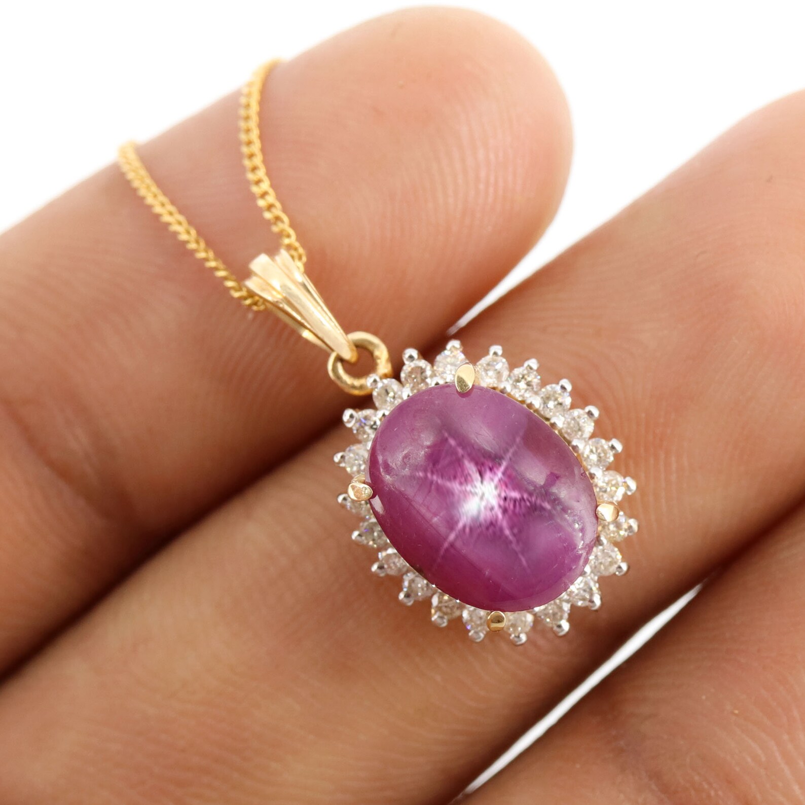 14K Gold Star Ruby & Natural Diamond Pendant, Star Ruby Pendant, Gift ...