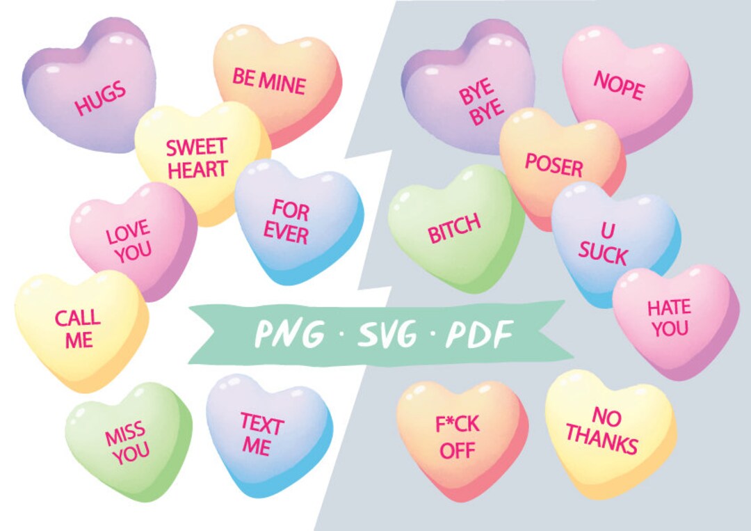 Conversation Heart Candies Clipart | PNG SVG PDF Love Hate Phrases ...