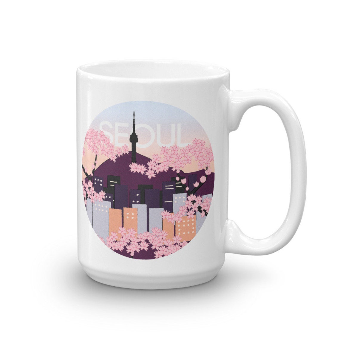 Seoul South Korea Mug, Cityscape Illustration Mug With Cherry Blossoms ...