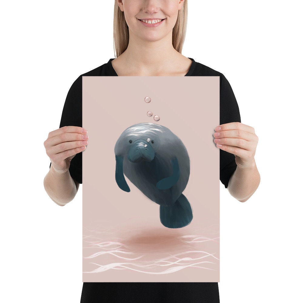 Manatee Art Print, Millennial Pink Art, Cute Animal Art for Kids Room ...