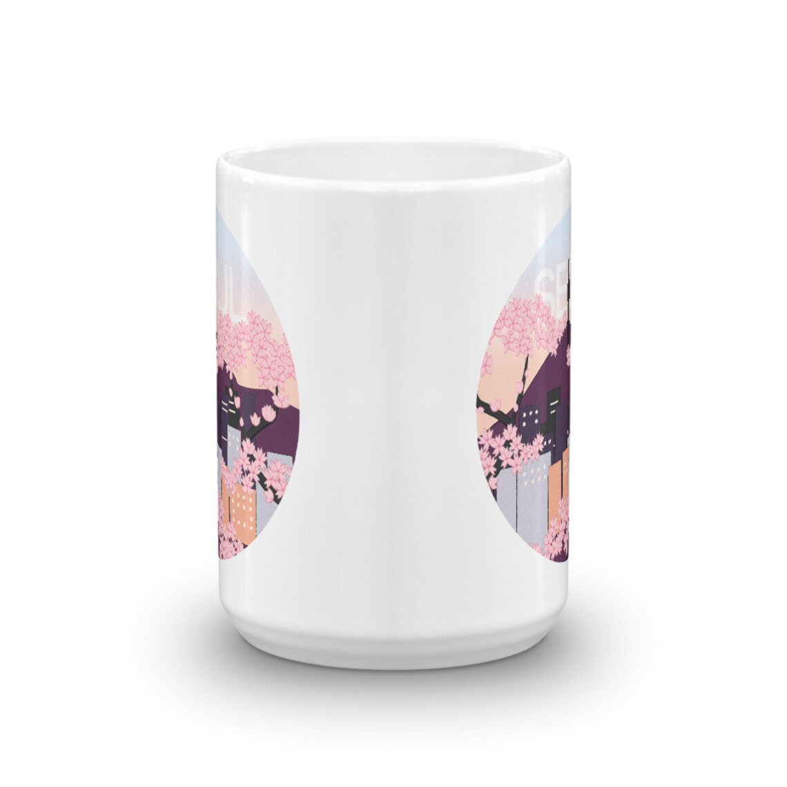 Seoul South Korea Mug, Cityscape Illustration Mug With Cherry Blossoms ...