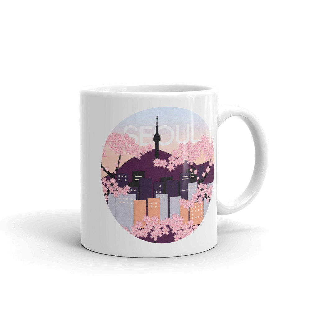 Seoul South Korea Mug, Cityscape Illustration Mug With Cherry Blossoms ...