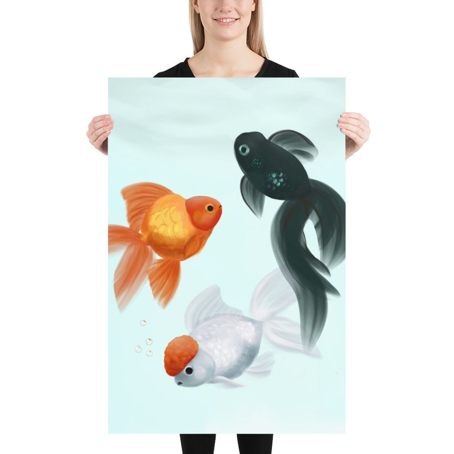 Fancy Goldfish Print, Cute Animal Art, Redcap Oranda and Orange Ryukin ...