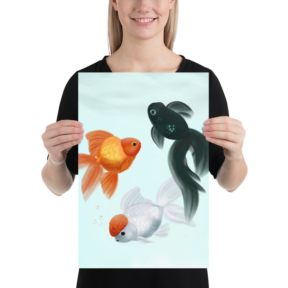 Fancy Goldfish Print, Cute Animal Art, Redcap Oranda and Orange Ryukin ...