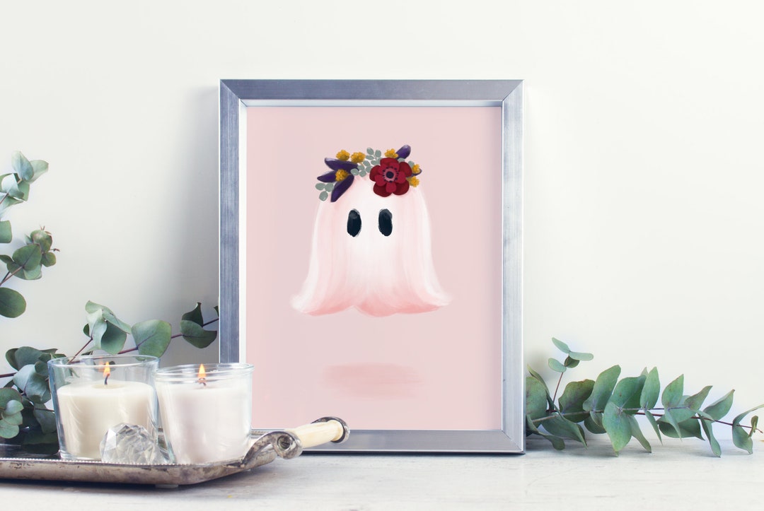 Cute Halloween Decor, Flower Crown Ghost, Pastel Pink Art, Girls Room ...