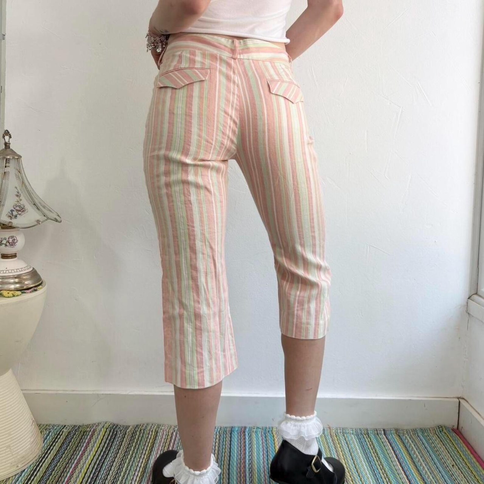 Y2K Pastel Pink & Green Striped Cotton/linen Capris by Elie Tahari Size ...