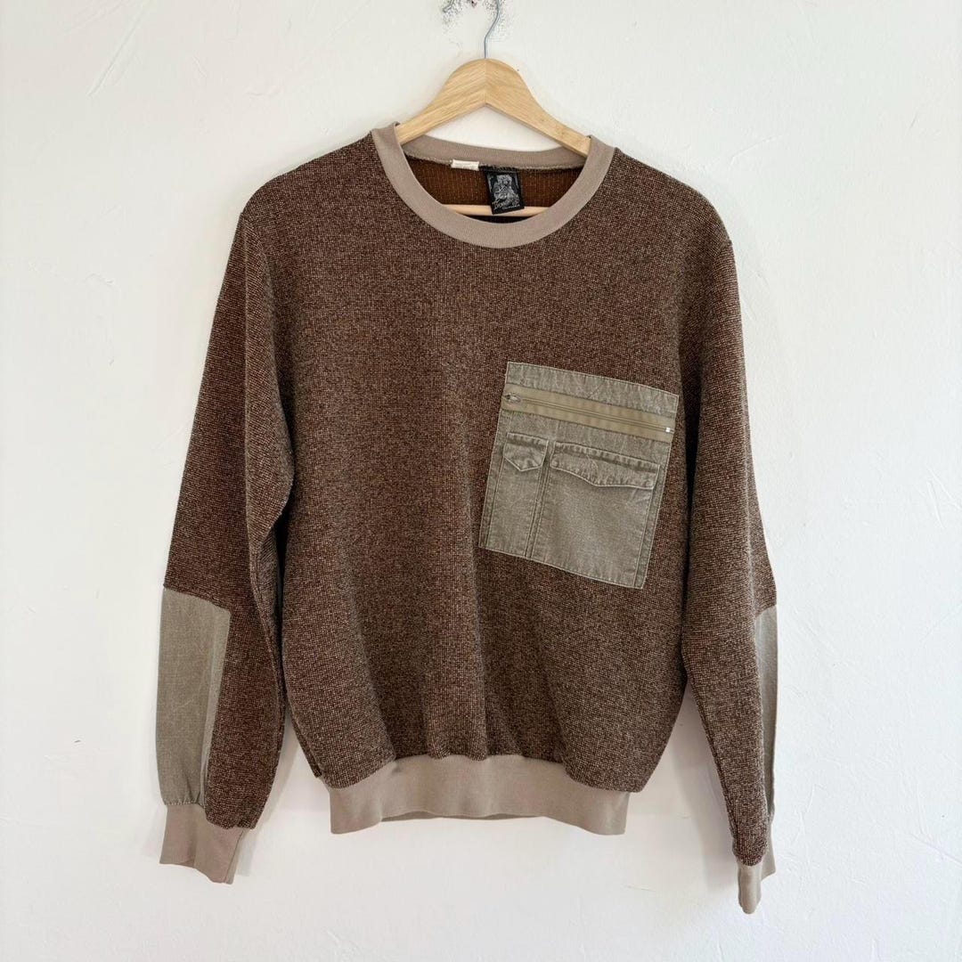 Vintage 70s Brown Military Cargo Commando Style Grandpa Sweater Size ...