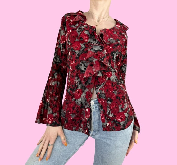 Y2K Red Rose Textured Ruffle Vampire Babydoll Blouse … - Gem