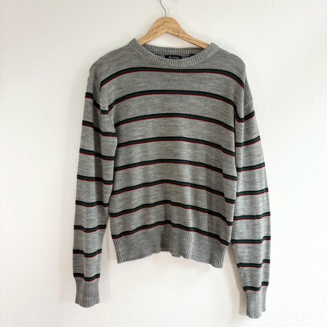 Vintage 80s Arrow Grey Primary Color Striped Grandpa Sweater Size ...