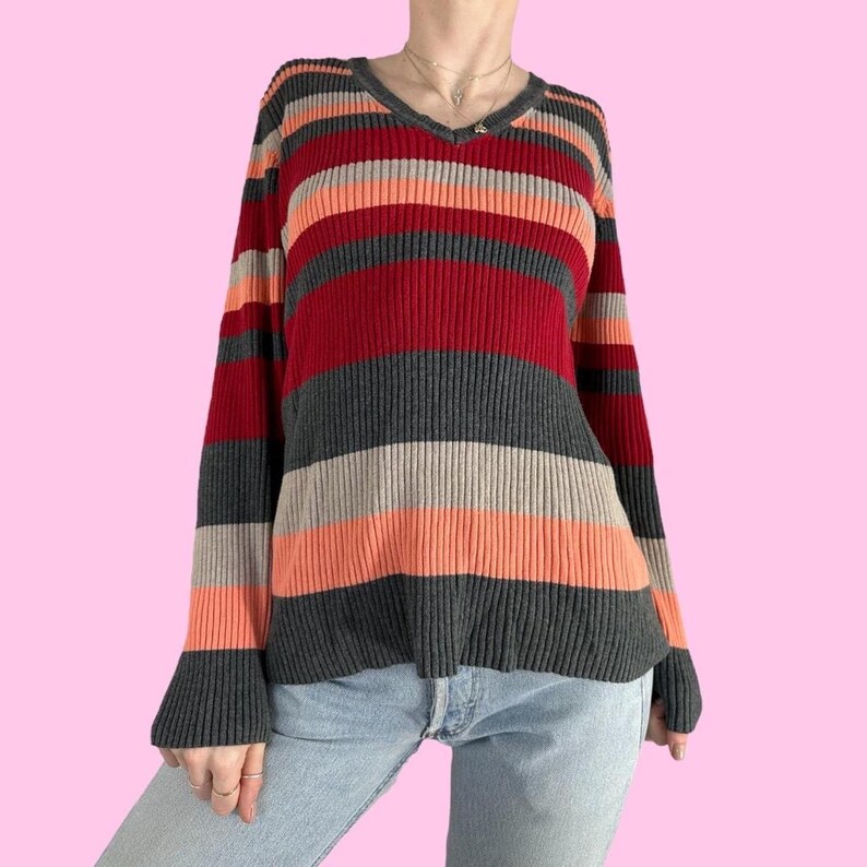 Vintage Red Grey Striped V-neck Cable Knit Sweater Blouse Size XL - Etsy