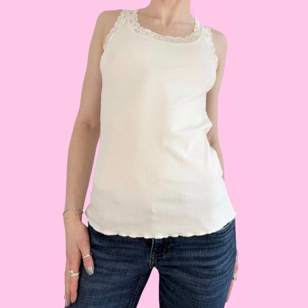 Y2K White Ribbed Lace Babydoll Tank Top Cami by Mystree Size Small - Etsy