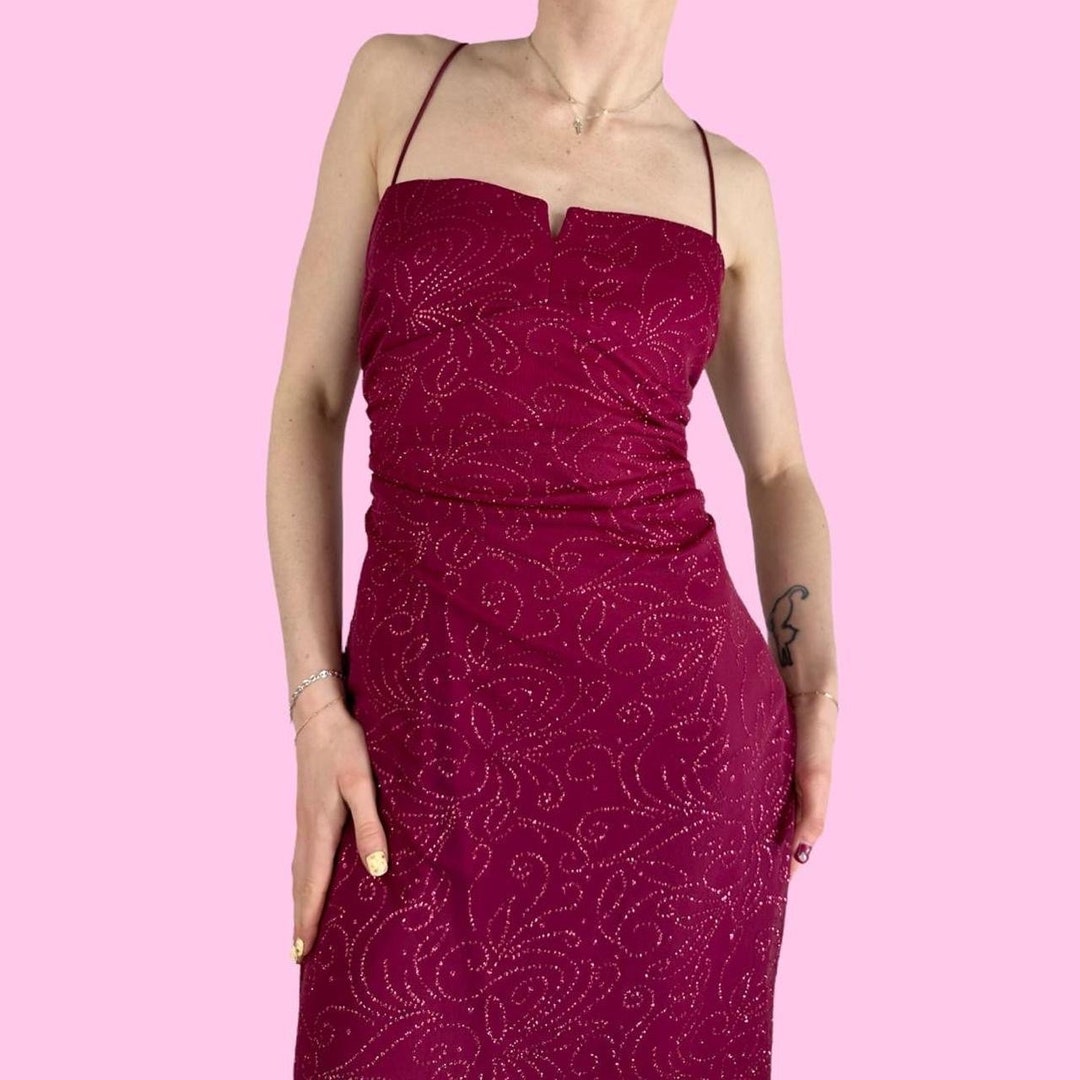 Y2K Magenta Pink Glitter Swirl Asymmetrical Midi Prom Formal Dress Size ...