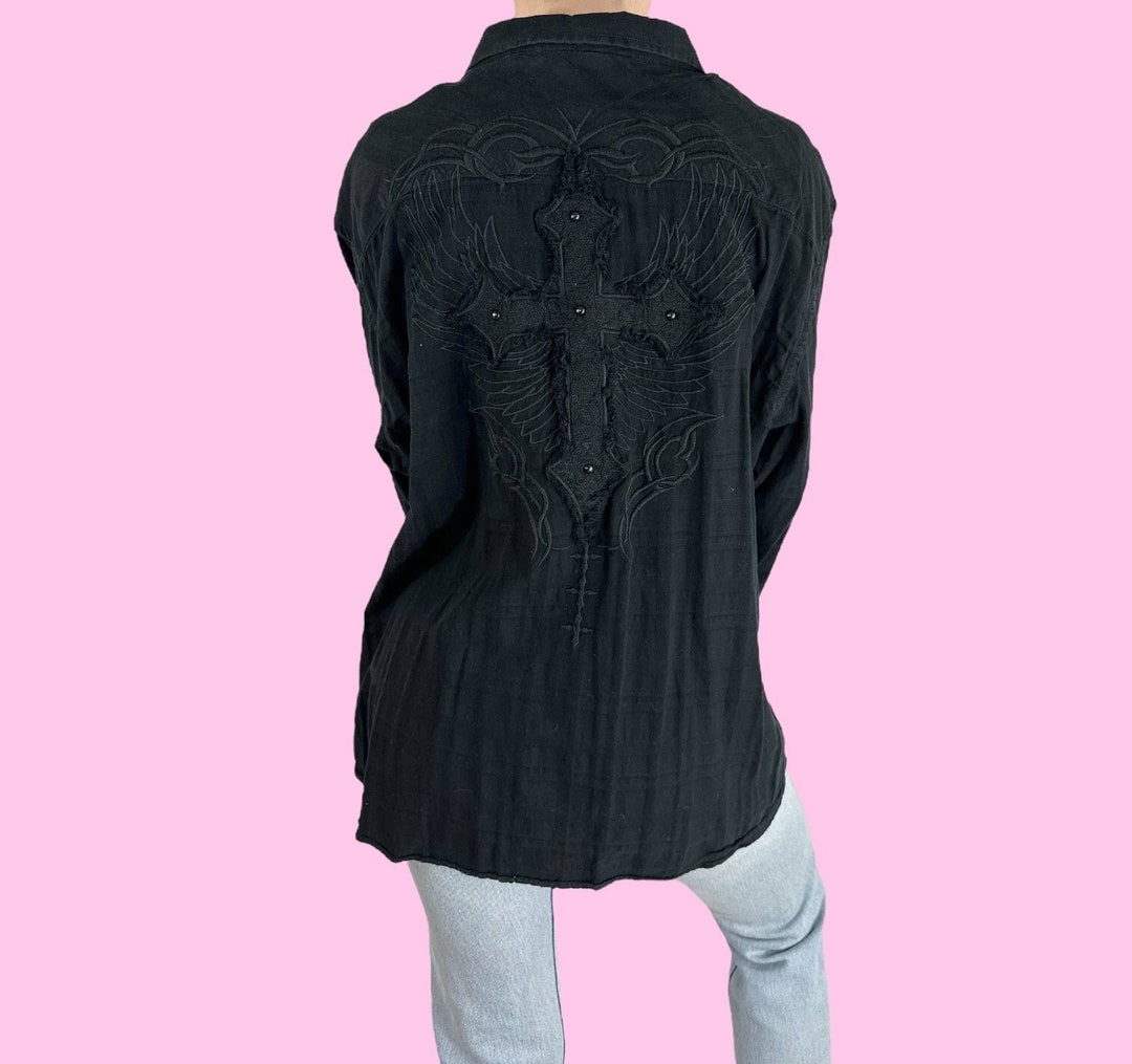 Y2K Black Embroidered Cross Angel Wings Mall Goth Cybercore Dress Shirt ...