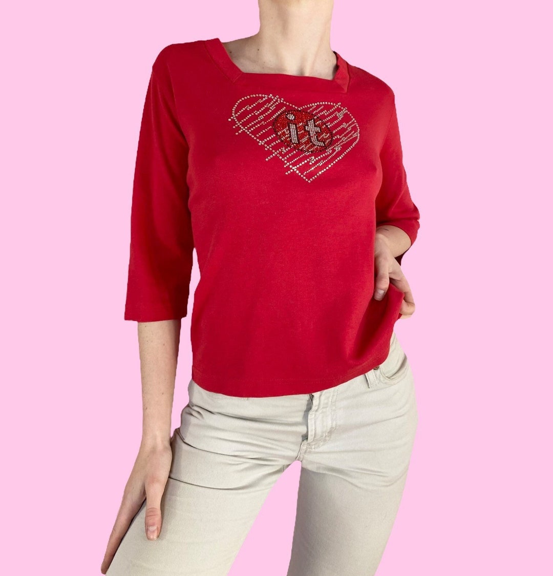 Y2K Red Rhinestone Heart Baby Tee Shirt Size Medium - Etsy