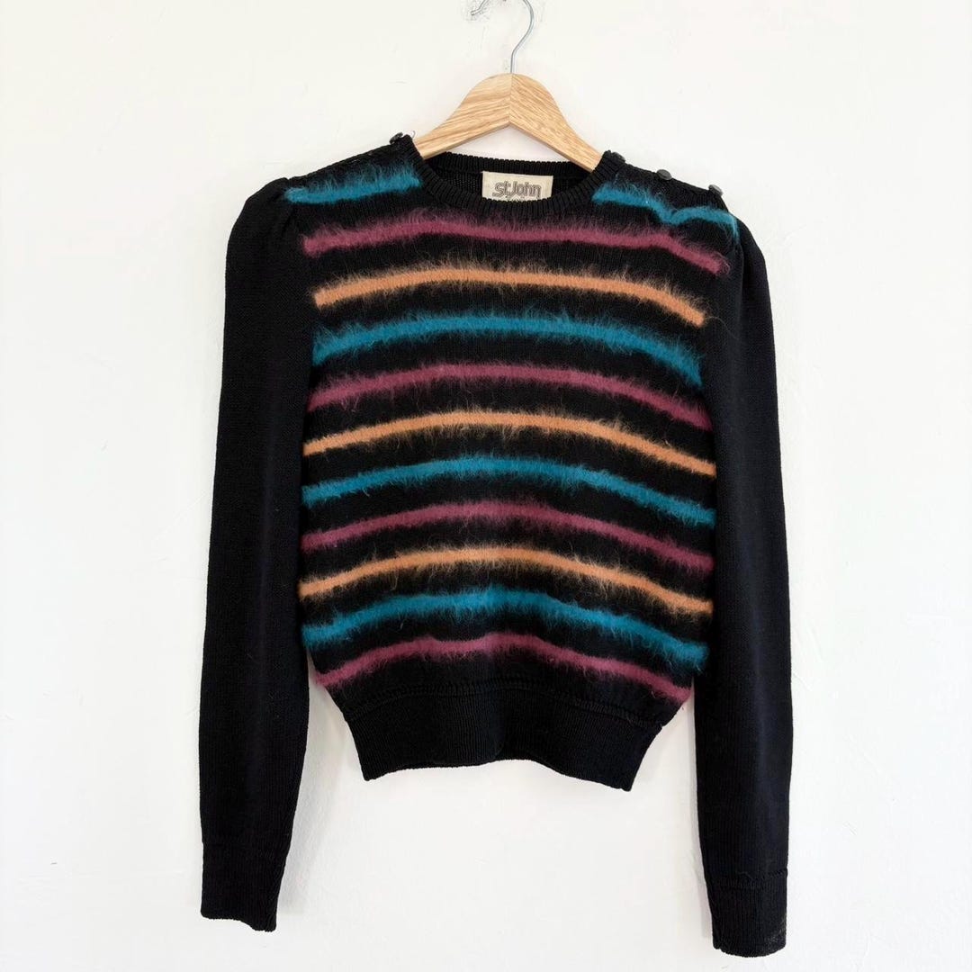 Vintage 70s Black Multicolor Angora Striped Knit Puff Sleeve Cropped ...