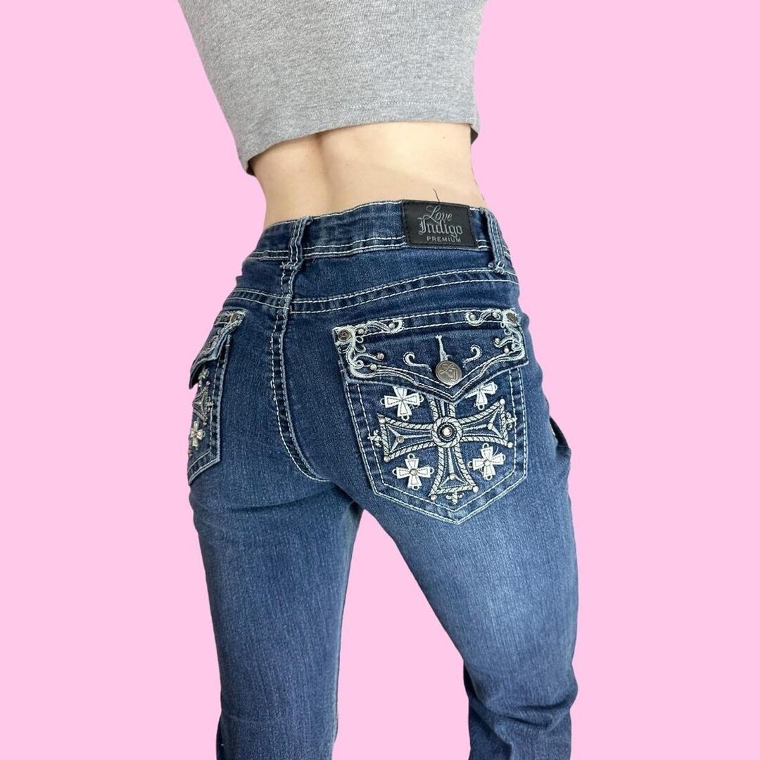 Y2K Rhinestone Cross Low Rise Flare Leg Fairy Goth Jeans Size 12P W33 ...