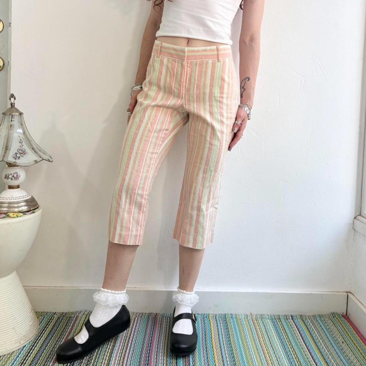 Y2K Pastel Pink & Green Striped Cotton/linen Capris by Elie Tahari Size ...