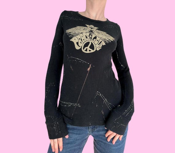 Y2K Black Peace Sign Angel Wings Goth Thermal Baby Te… - Gem
