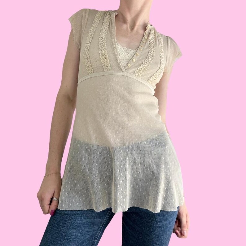 Vintage 90s Express Cream Semi Sheer Mesh Lace Henley Blouse Shirt Size ...